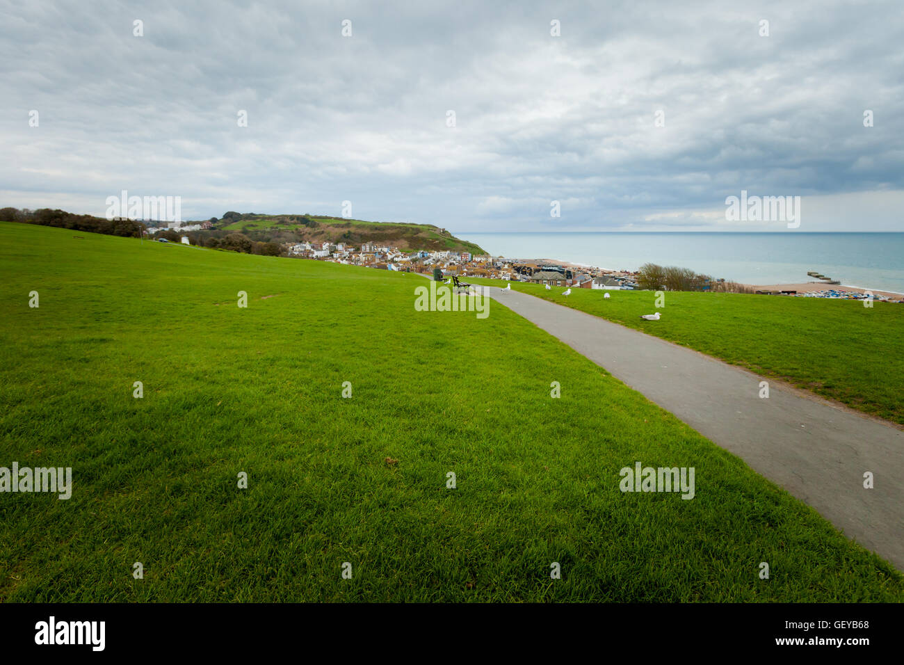 Beautiful landscape of Hastings in England. Spring cloudy cityscape ...