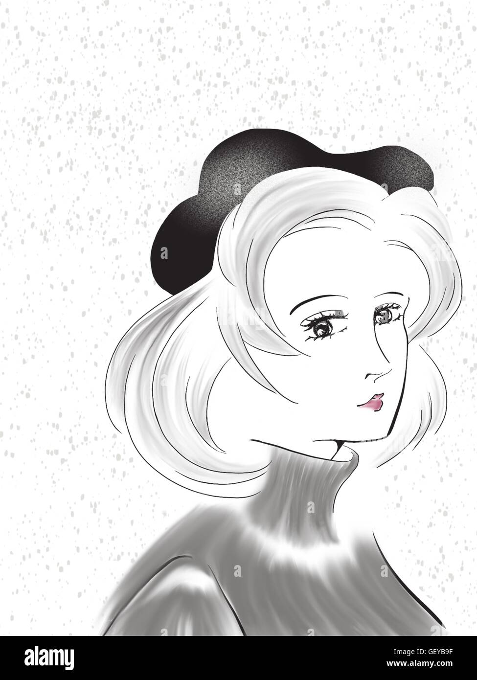 comic picture sketch of young girl with polo neck and beret Stock Photo ...