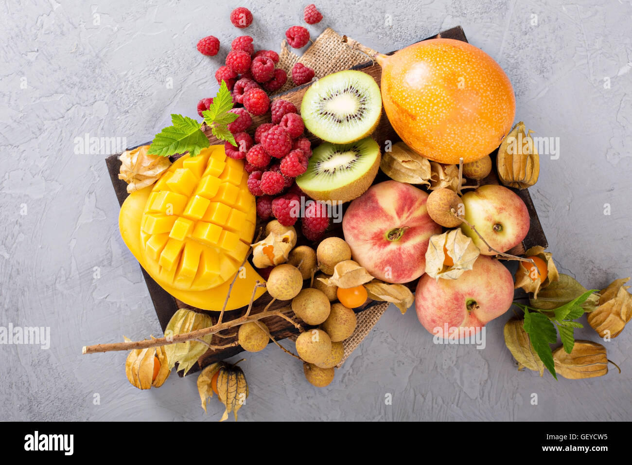 Fresh and ripe tropical fruit board Stock Photo - Alamy