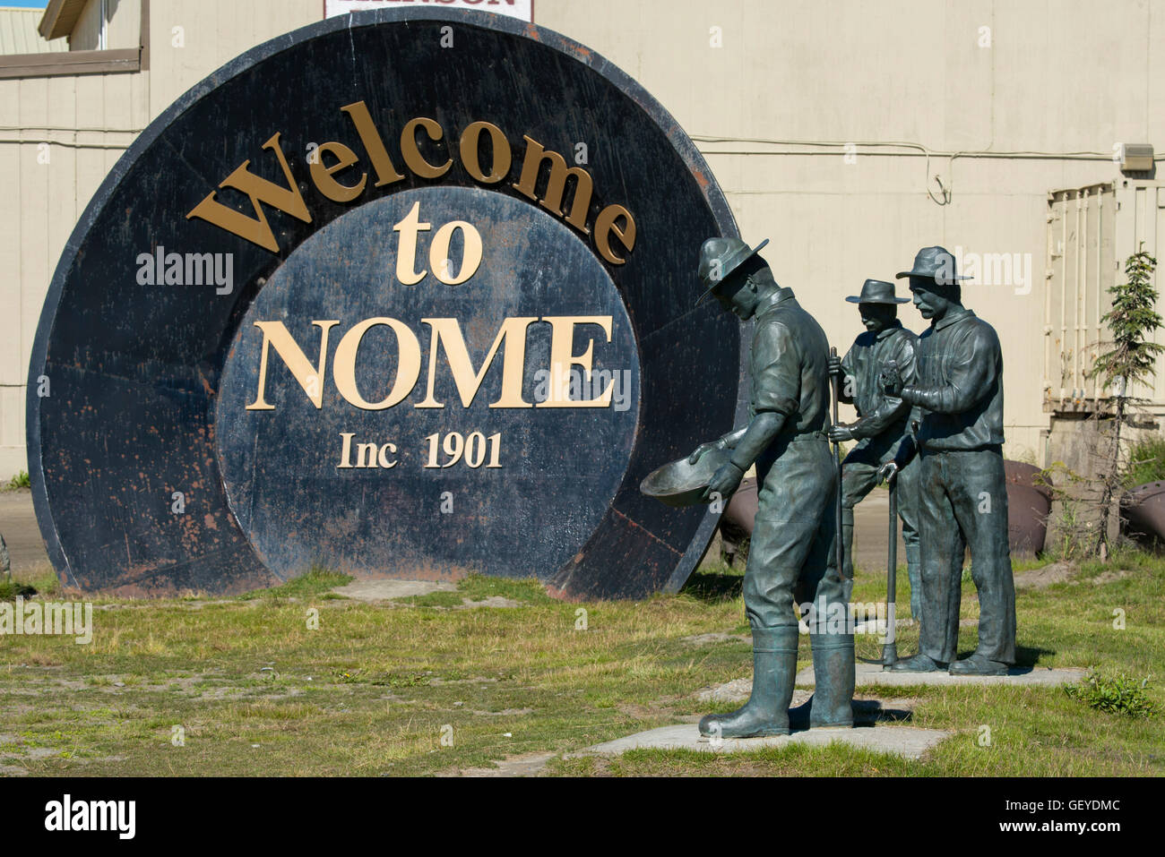 Alaska, Seward Peninsula, Nome, Anvil City Square. Statue of the "Three ...