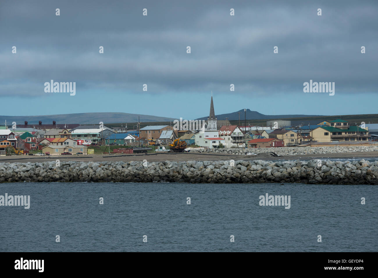Alaska, Nome. Bering Sea view of downtown Nome with Old St. Joseph's ...