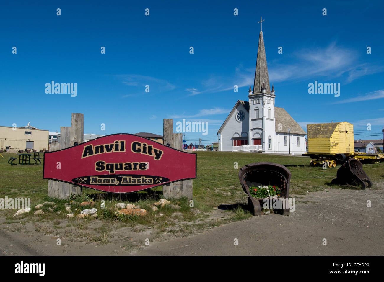 Alaska, Seward Peninsula, Nome, Anvil City Square. Old mining ore ...