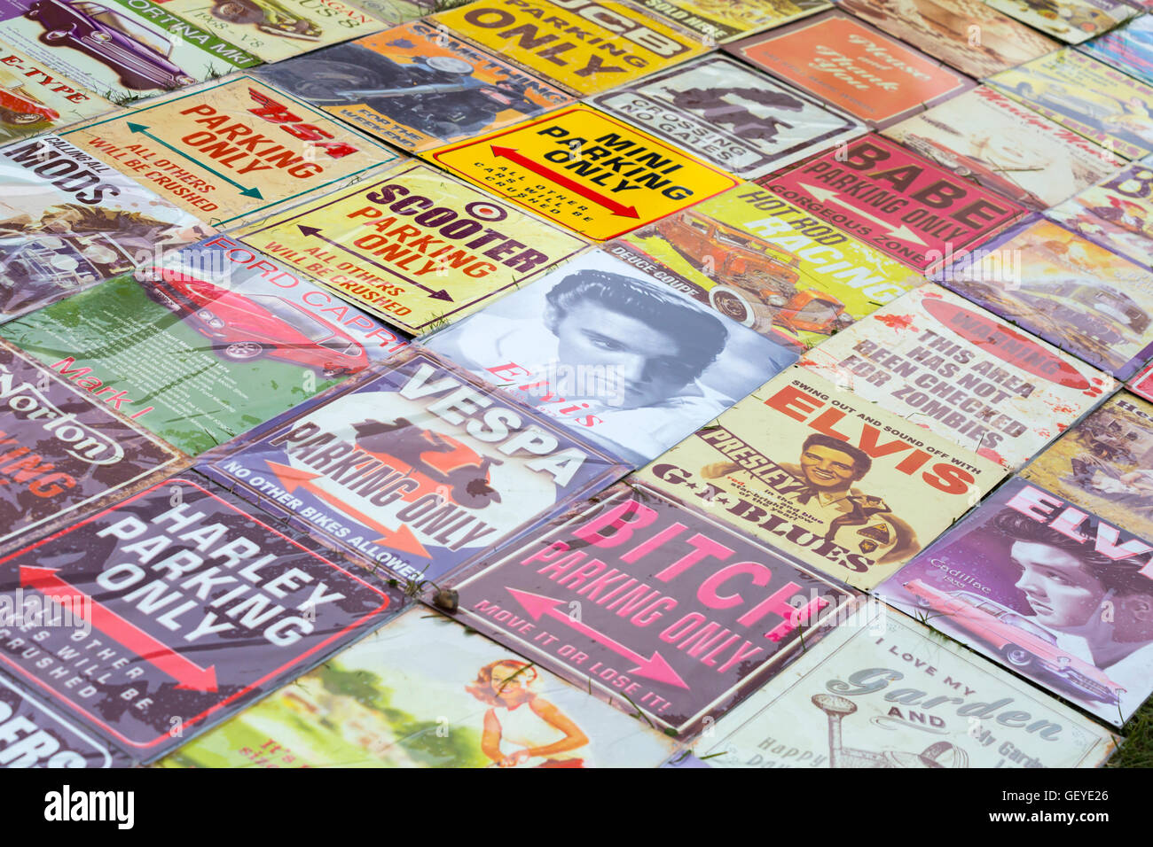 Nostalgic metal tin posters on display on stall at New Forest ...
