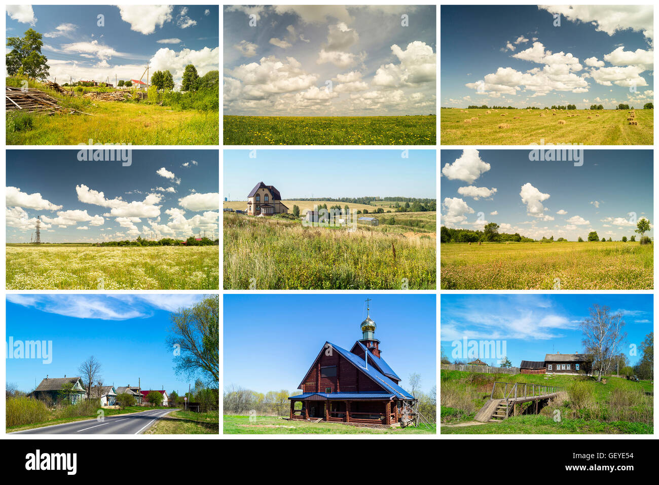 Collage from rural landscapes at year day on background blue sky Stock ...