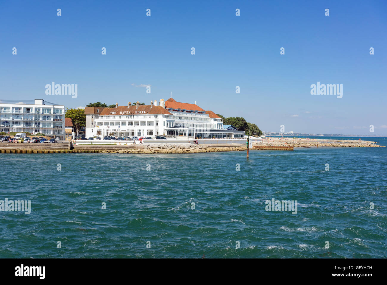 The luxury Haven Hotel captured from the Sandbanks vehicle ferry Stock ...