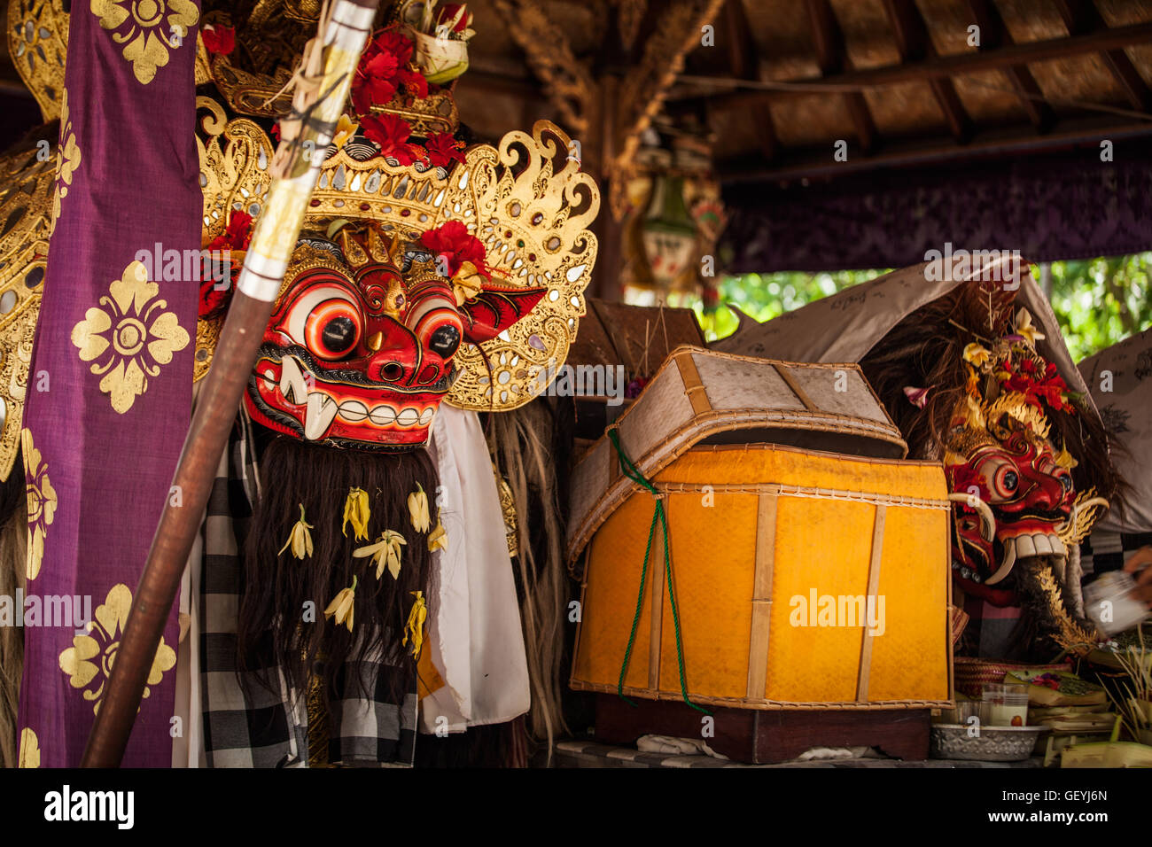 The masked face of Barong the Balinese mythological character Stock ...