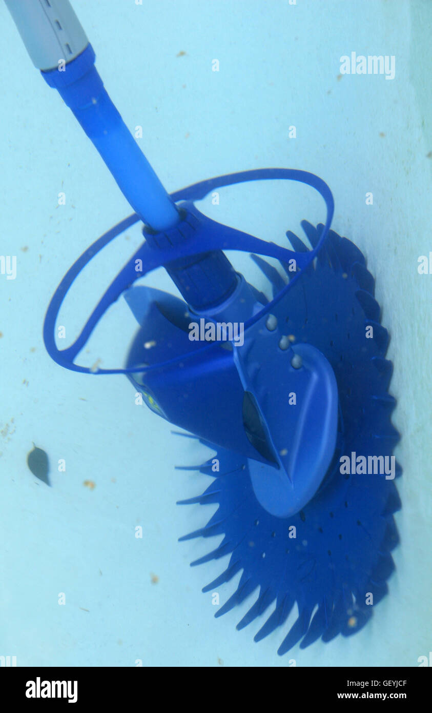 Swimming pool with blue water and a barracuda pool cleaner, side view ...