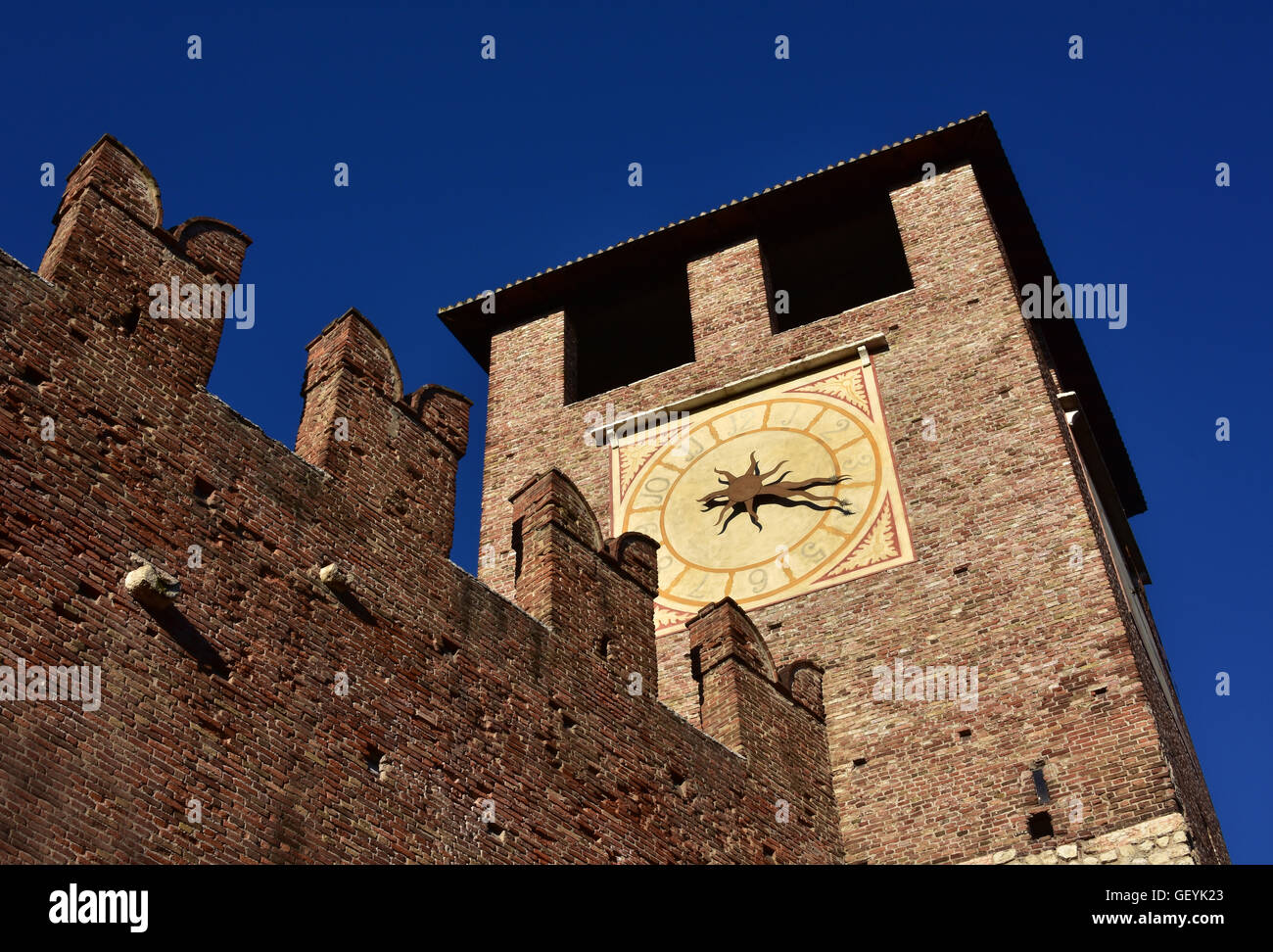 Medieval clock tower from Castlevecchio (Old Castle) outer walls in the ...
