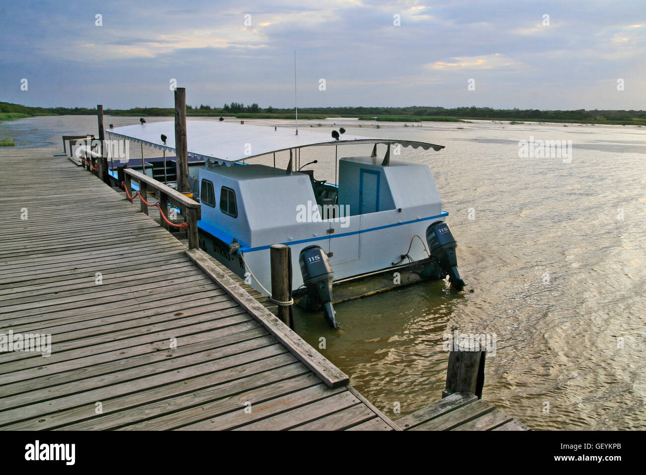 Santa Lucia ferry cruise boat Wooden dock at St Lucia Estuary, St Lucia ...