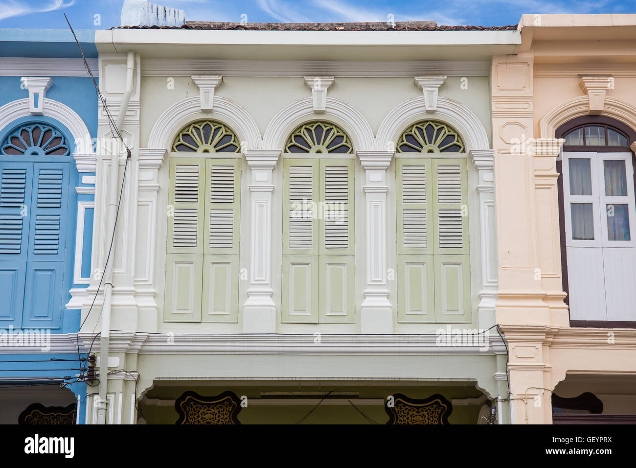 Classic windows Sino-Portuguese style architecture at Phuket Thailand ...