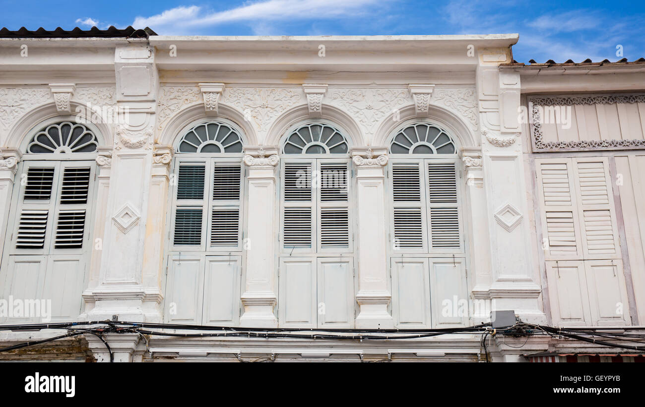 Classic windows Sino-Portuguese style architecture at Phuket Thailand ...