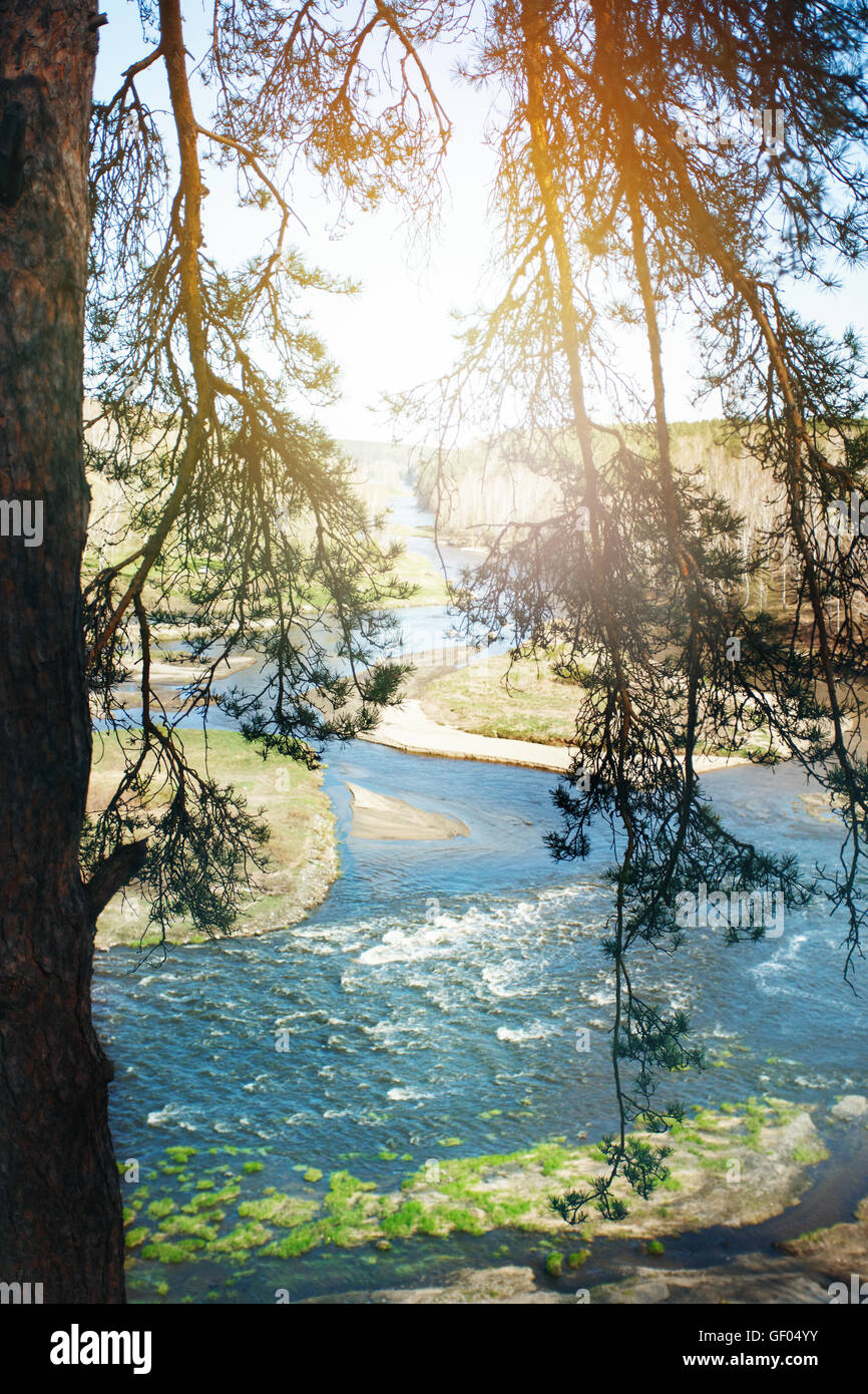 Landscape view of the river overflow among hills. Northern nature ...