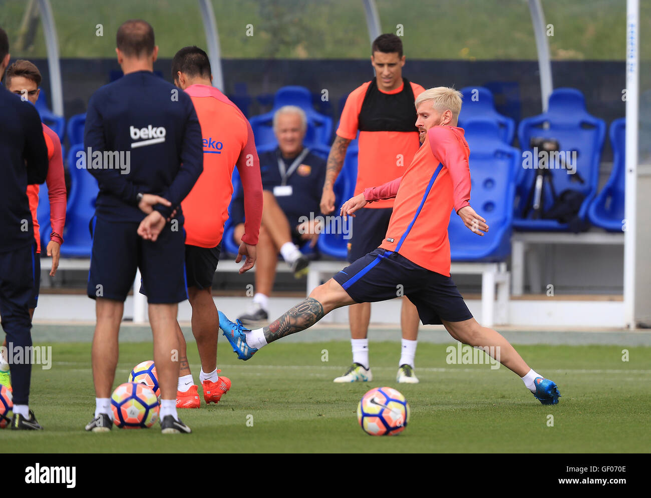 Barcelona's Lionel Messi (right) during a training session at St George ...