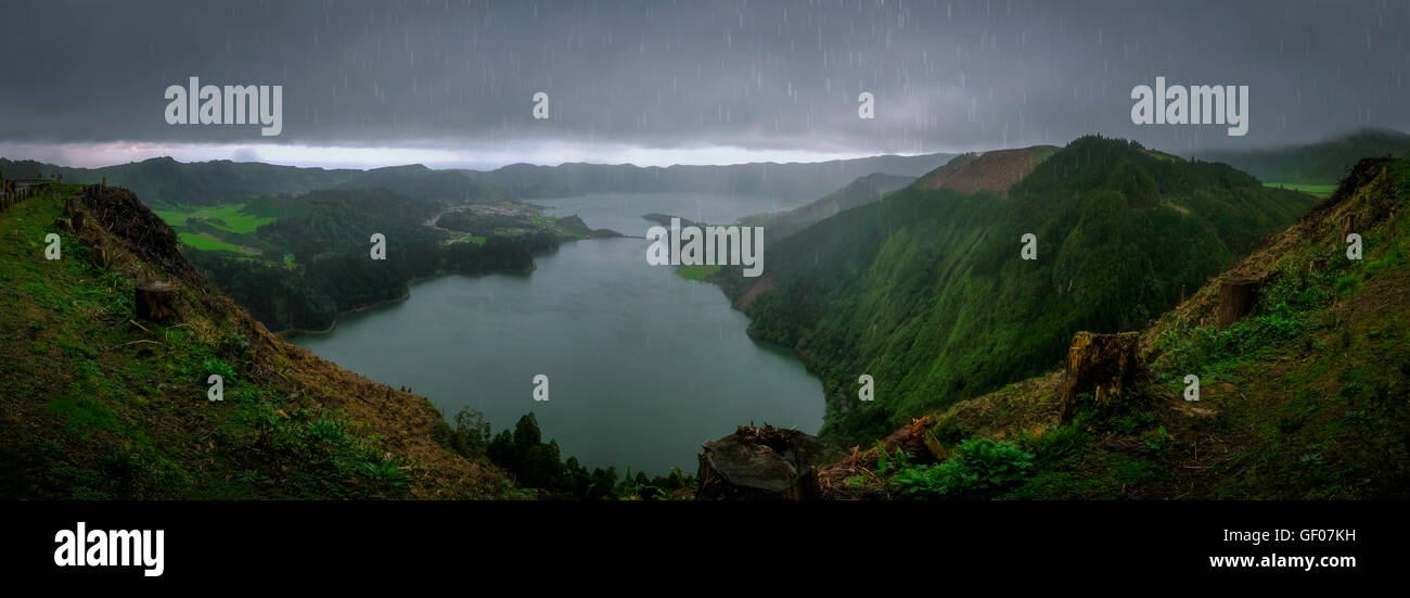 Sete Cidades twin crater lakes, Lagoa Verde and Lagoa Azul, as seen ...