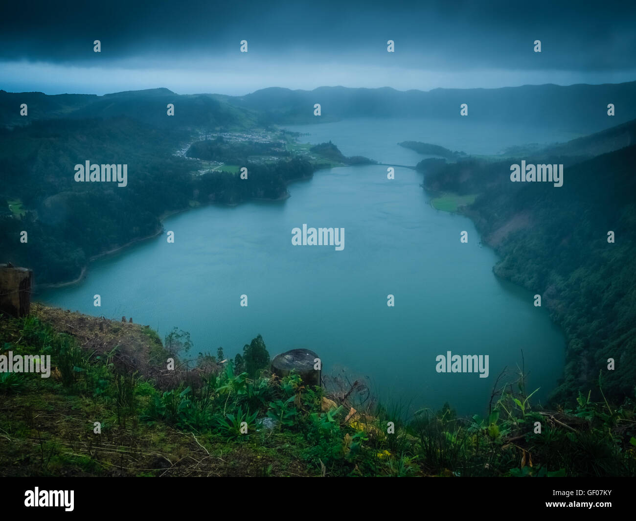 Sete Cidades twin crater lakes, Lagoa Verde and Lagoa Azul, as seen ...