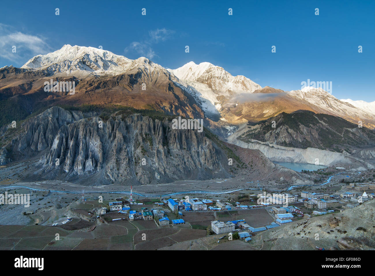 View of Manang valley and Annapurna mountains range. Annapurna circuit ...