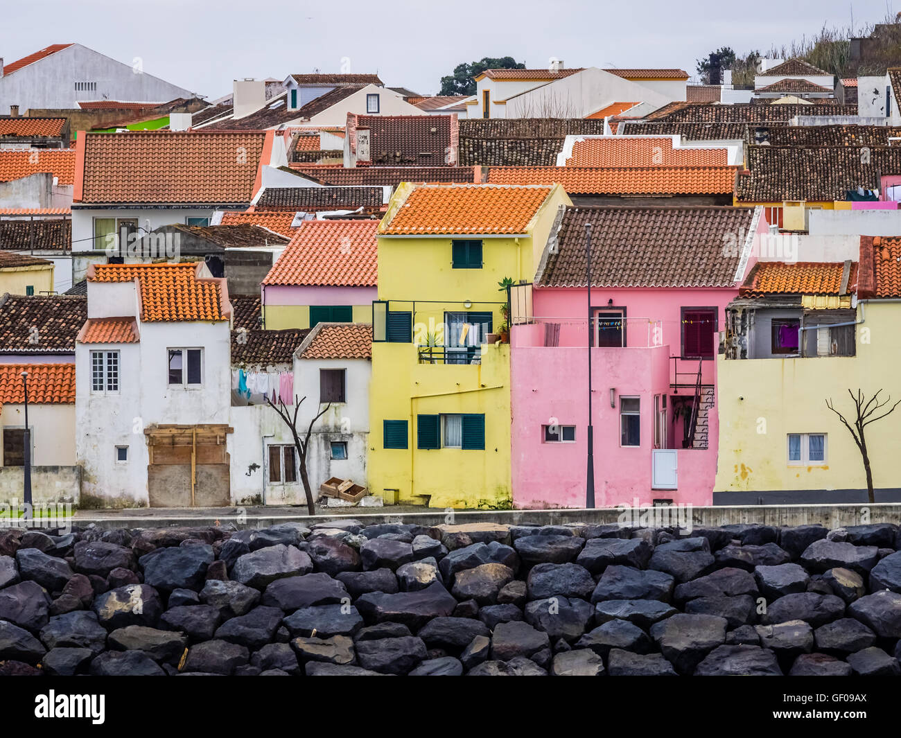 Colorful homes on the coast in Ponta Delgada, Sao Miguel, Azores ...
