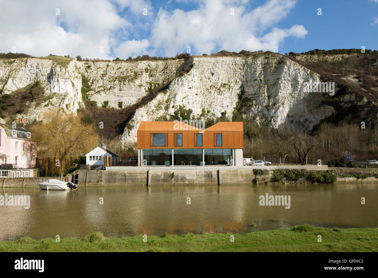 Exterior view of west facade with cliffs and river. South Street, Lewes ...
