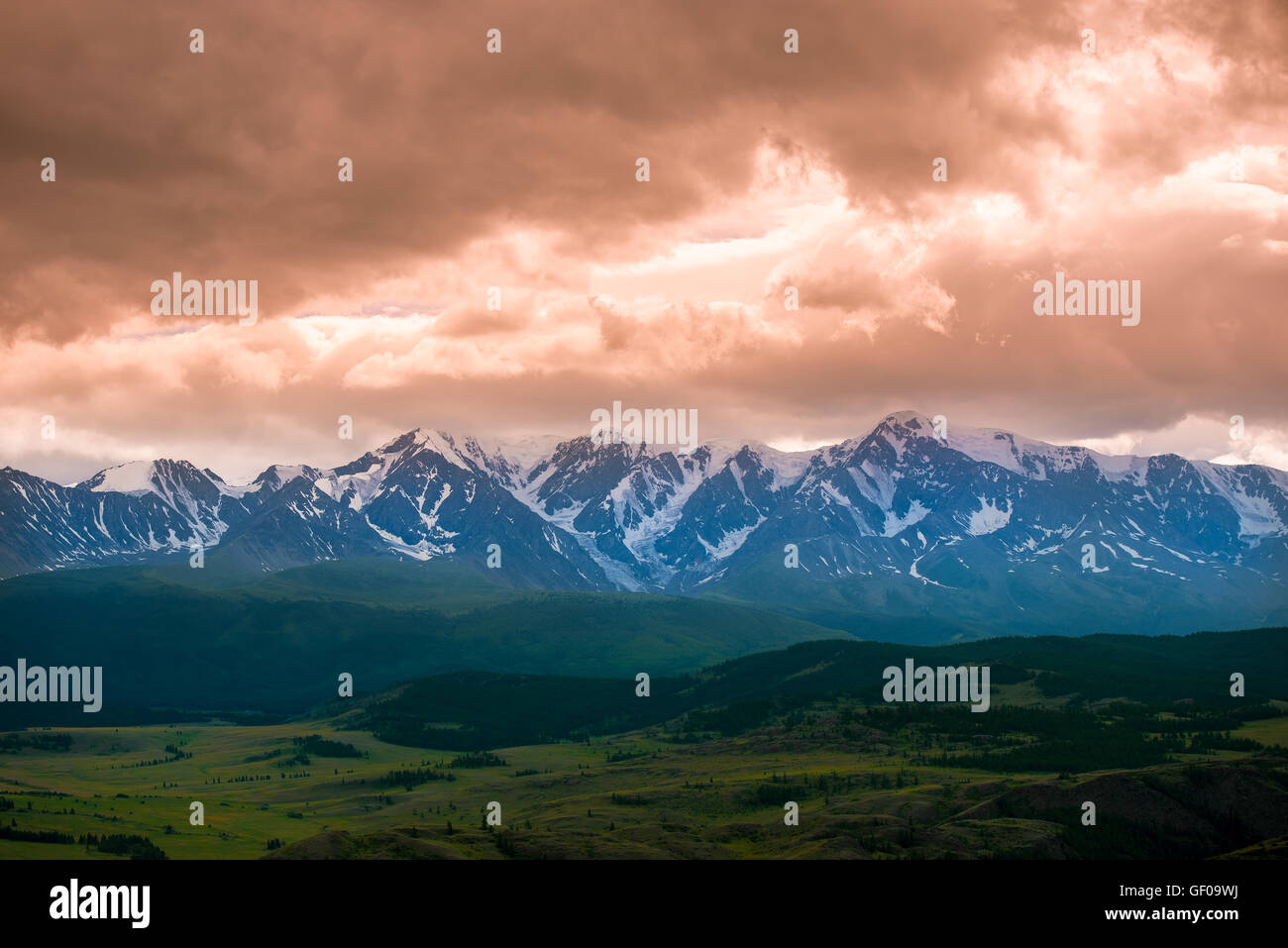 beautiful landscape of mountains and steppe on sunset background Stock ...