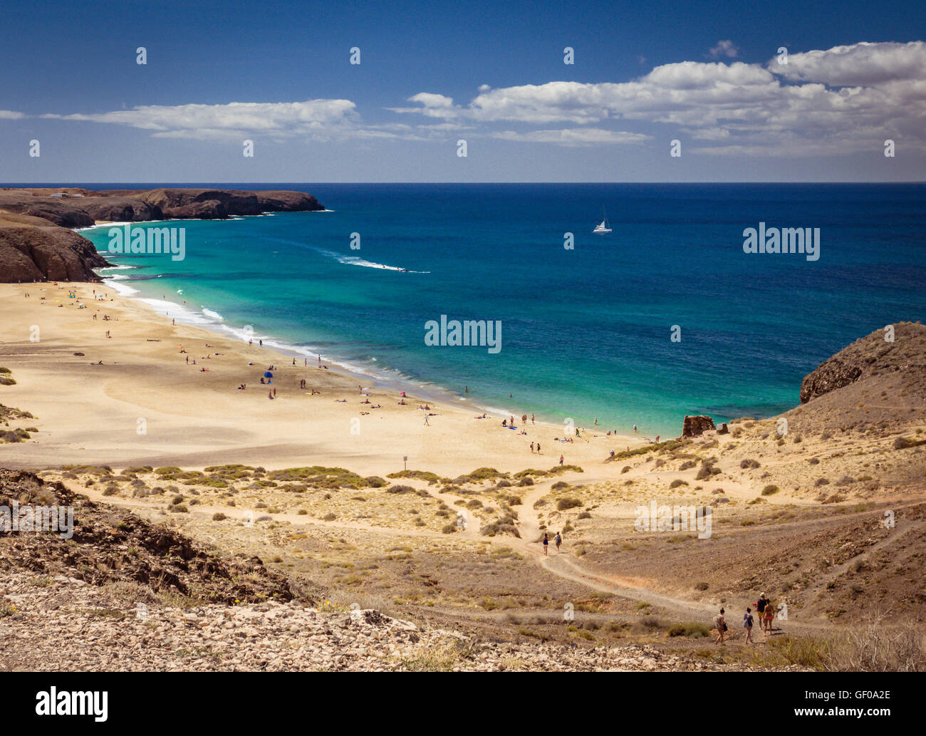 Aerial view of Playa Mujeres in Lanzarote, Canary Islands, Spain ...