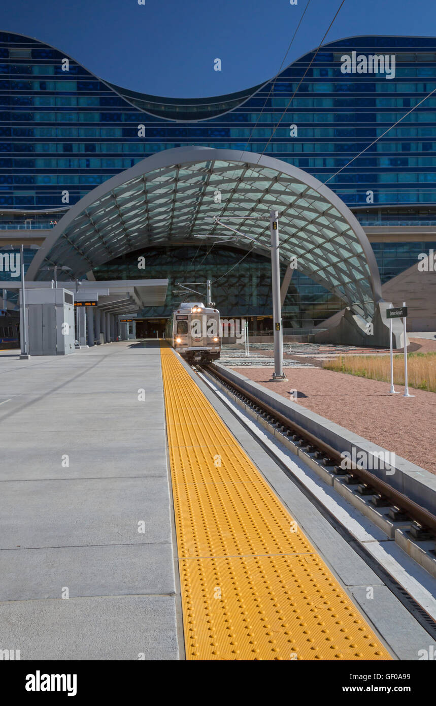 Denver, Colorado - A light rail passenger train at Denver International ...