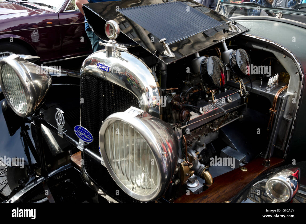 The engine of a 1928 Lagonda sports car on display in the Royal Mile ...