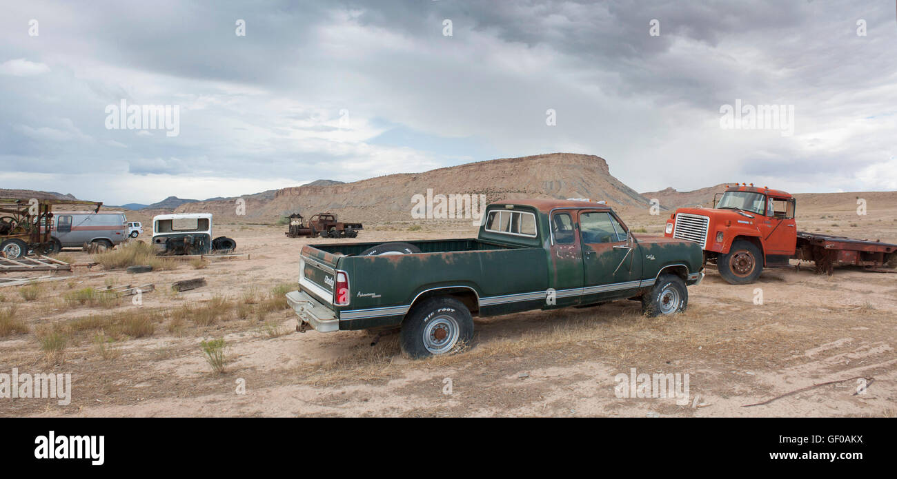 panorama of Two abandoned trucks in the desert near Thompson springs ...