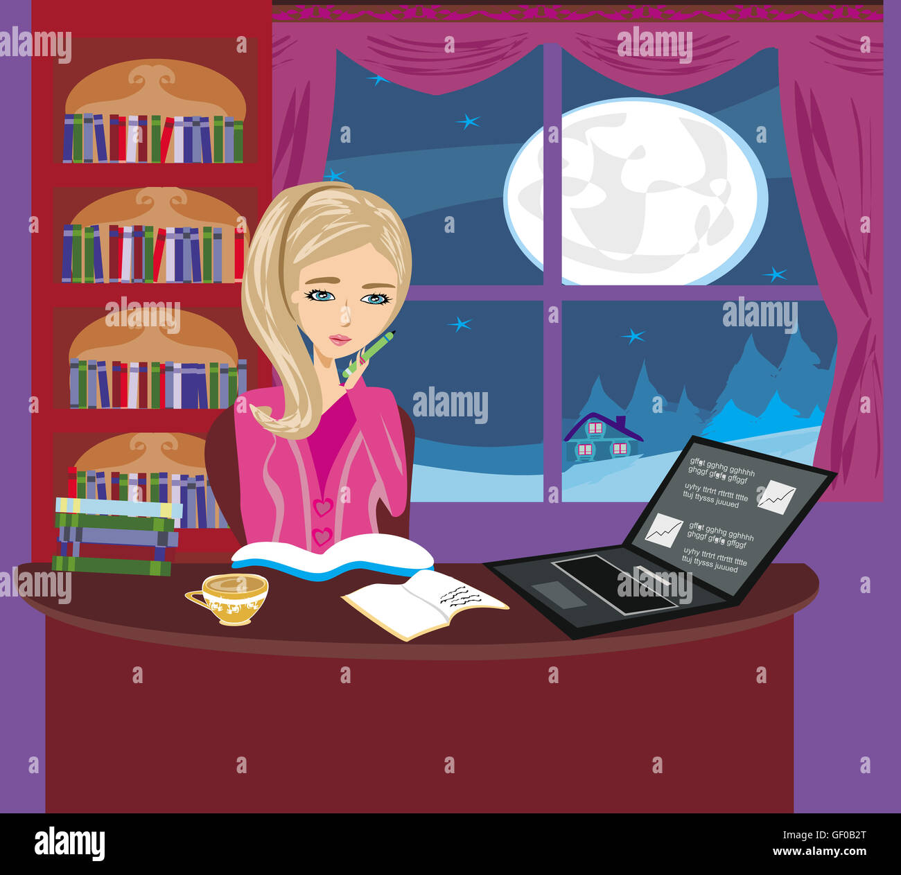 illustration of girl doing homework Stock Photo - Alamy