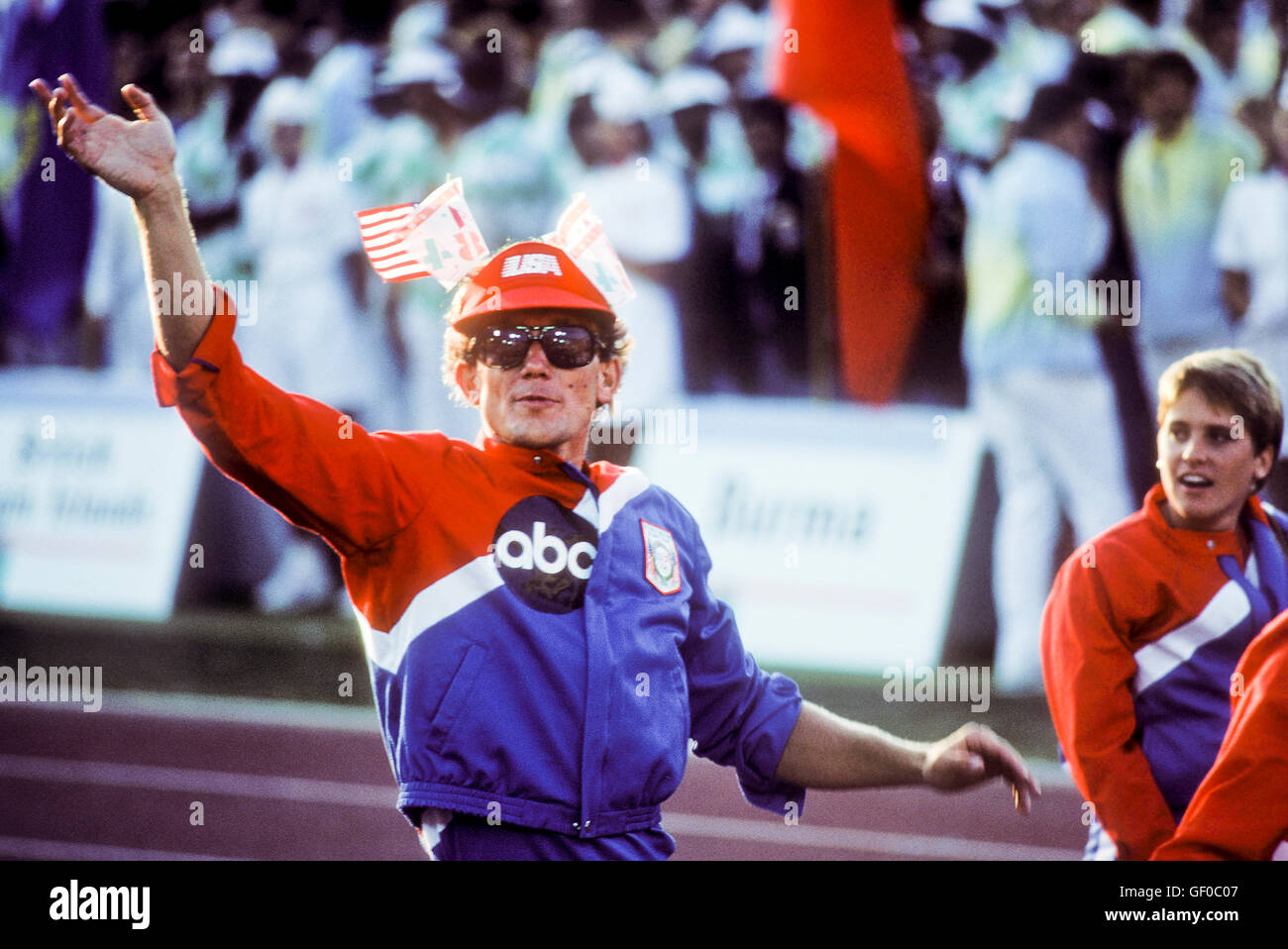 US athletes enter stadium during opening ceremonies at 1984 Olympic ...