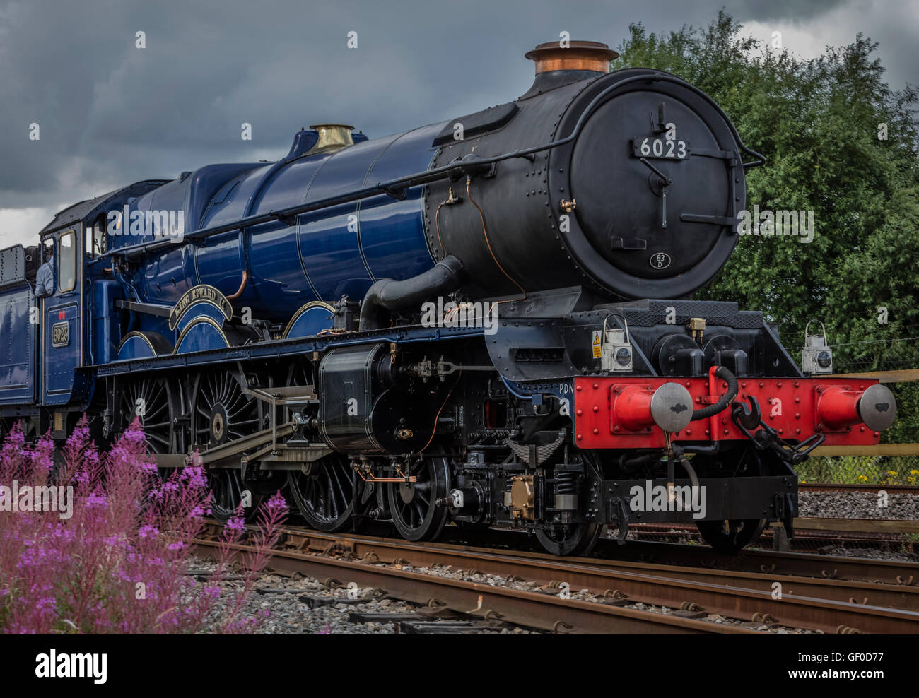 King Edward II steam train running on a track at the Didcot Railway ...