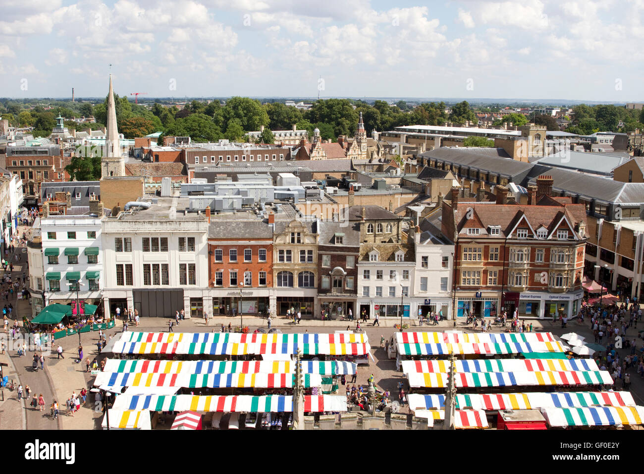 Colourful market stalls in Market Hill, Cambridge, England, as seen ...