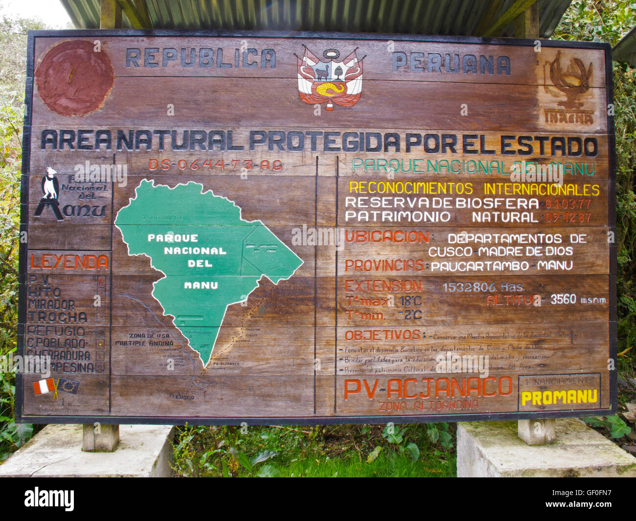 The sign at the entrance of Manu National Park, Peru Stock Photo - Alamy