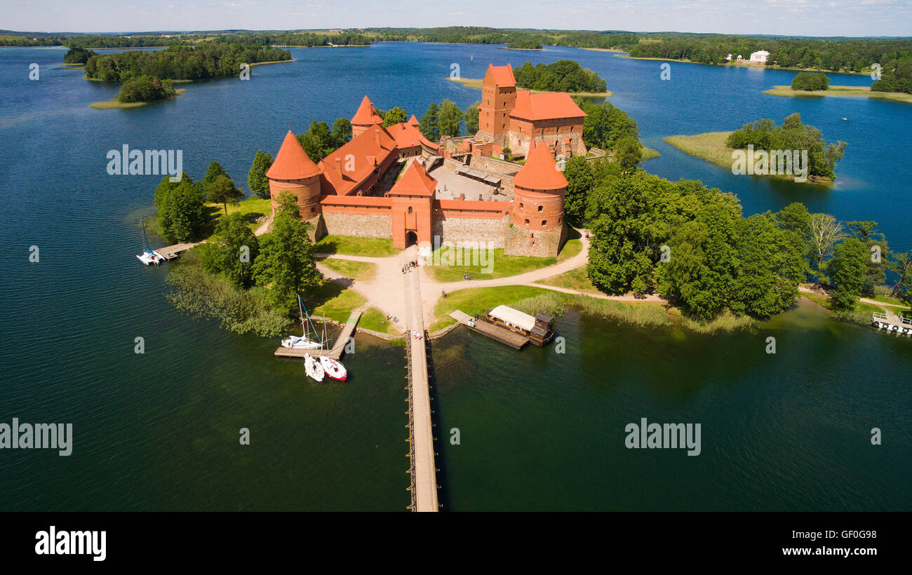 AERIAL. Beautiful old castle in Trakai from the sky, summer day shot ...