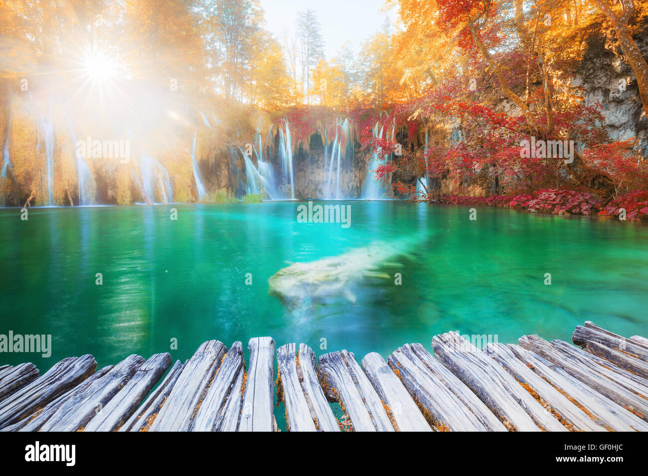 Beautiful sunny waterfalls. Plitvice National Park, Croatia Stock Photo ...