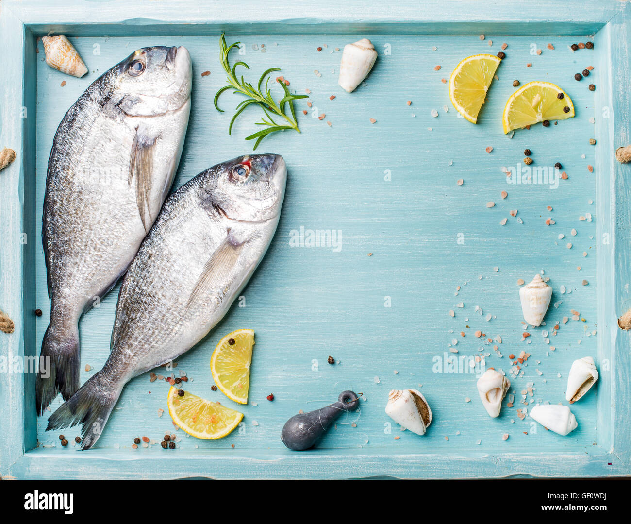 Fresh raw sea bream fish decorated with lemon slices, herbs and shells ...