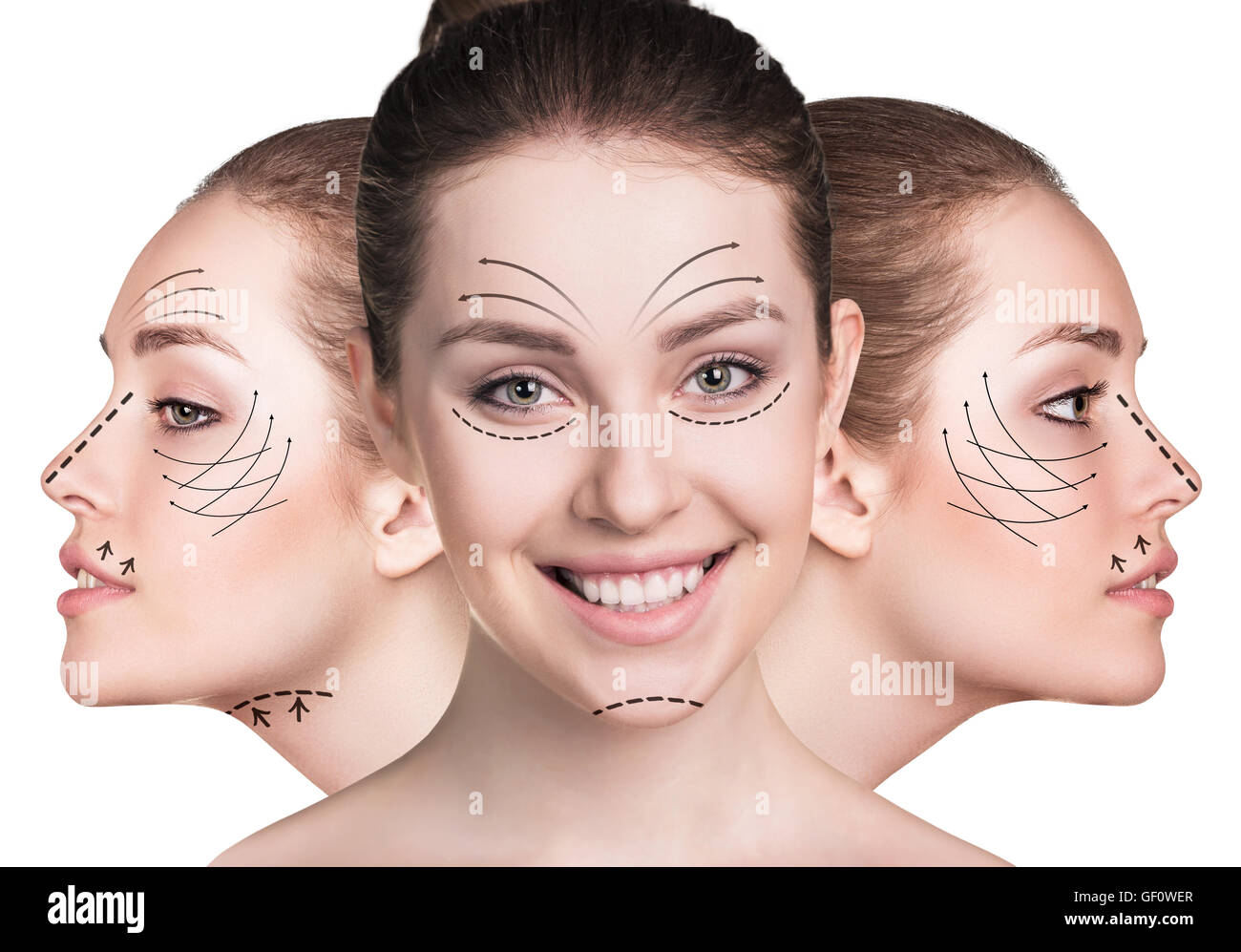 Beautiful faces of young woman with lifting arrows isolated on white ...