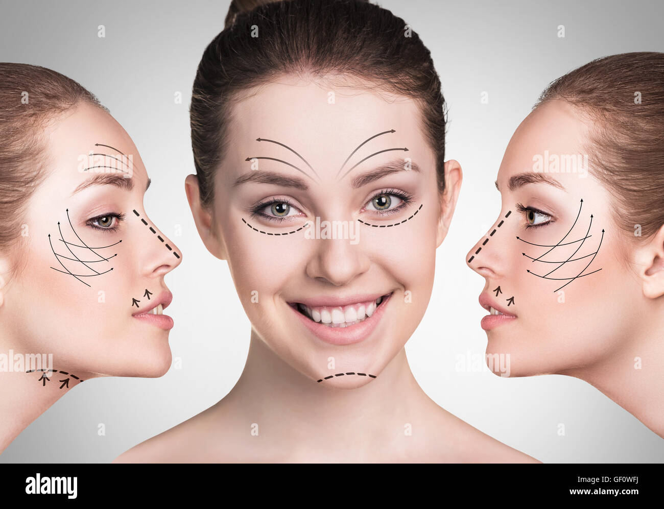 Beautiful faces of young woman with lifting arrows over gray background ...