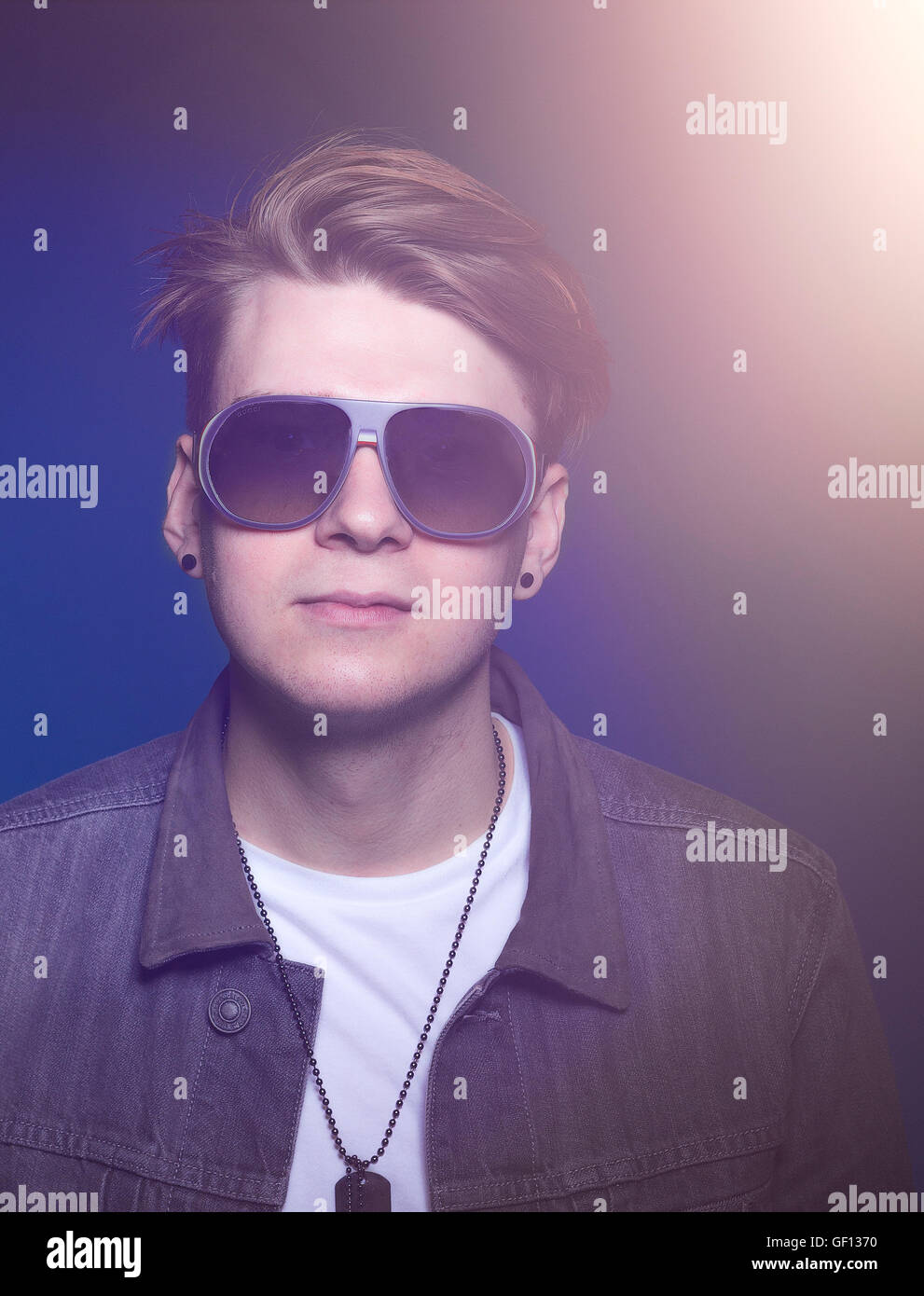 Male model portrait, sunglasses, hair, styling, fashion, blue ...