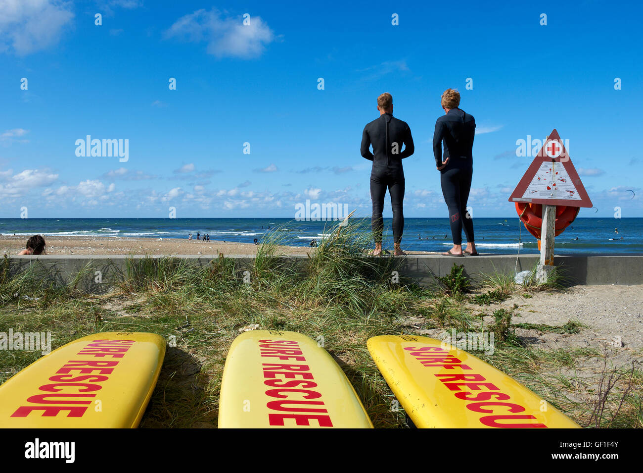 Surf rescue team at Klitmoller (AKA "Cold Hawaii") Jutland, Denmark ...