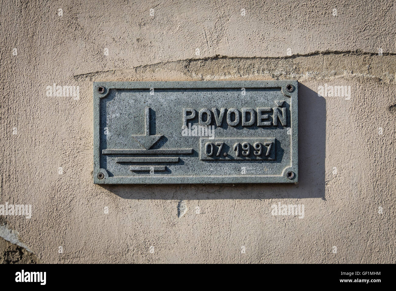 sign, floods, 1997, river Opava, Krnov Stock Photo - Alamy
