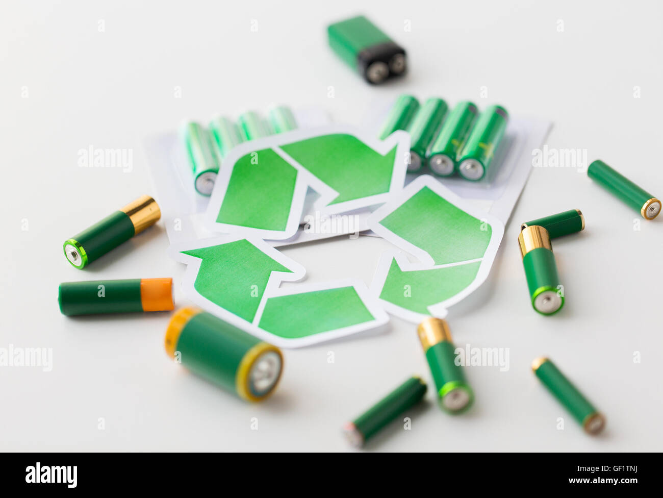 close up of batteries and green recycling symbol Stock Photo - Alamy