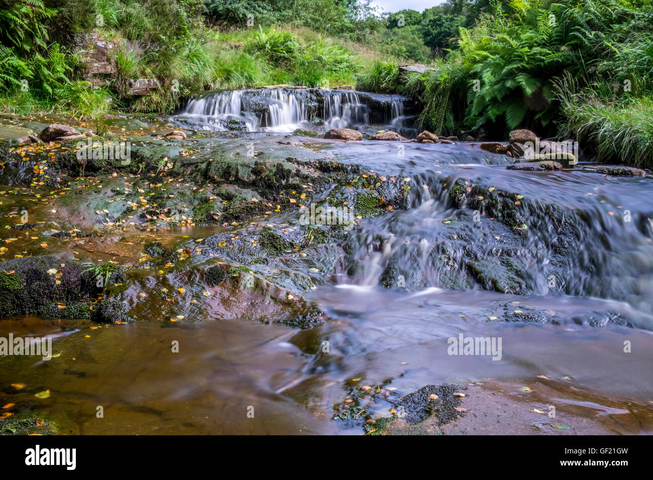 A small stream running over a small waterfall into a larger pool Stock ...