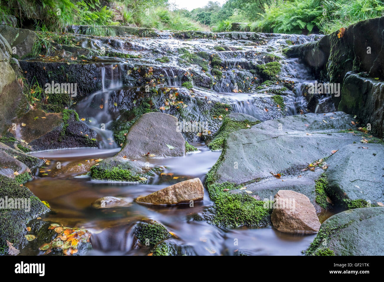 A small stream running over a small waterfall into a larger pool Stock ...