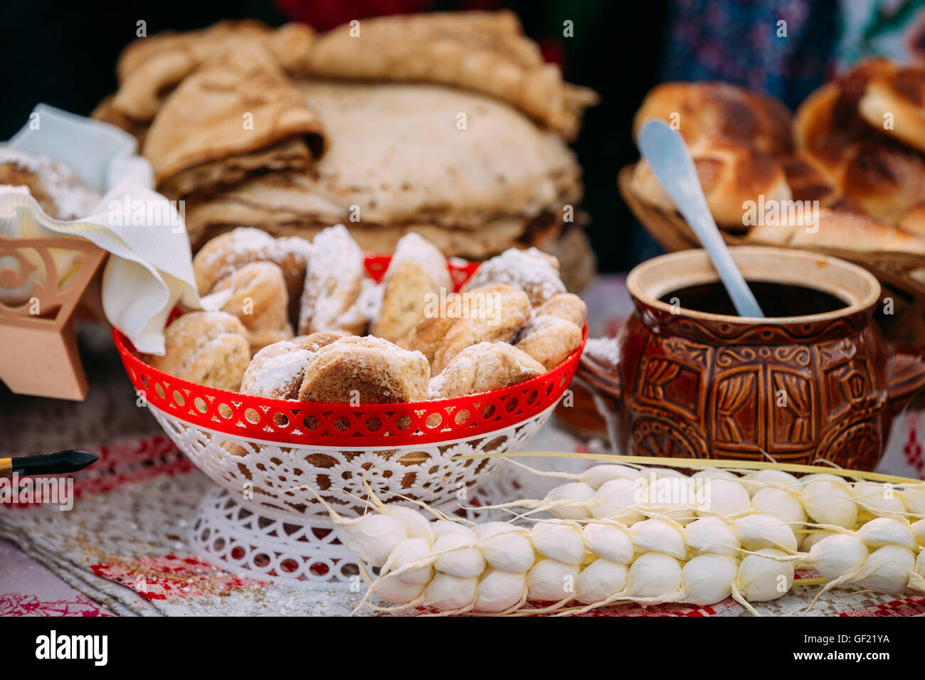 The dishes of the traditional Belarusian cuisine - fresh pastries and ...