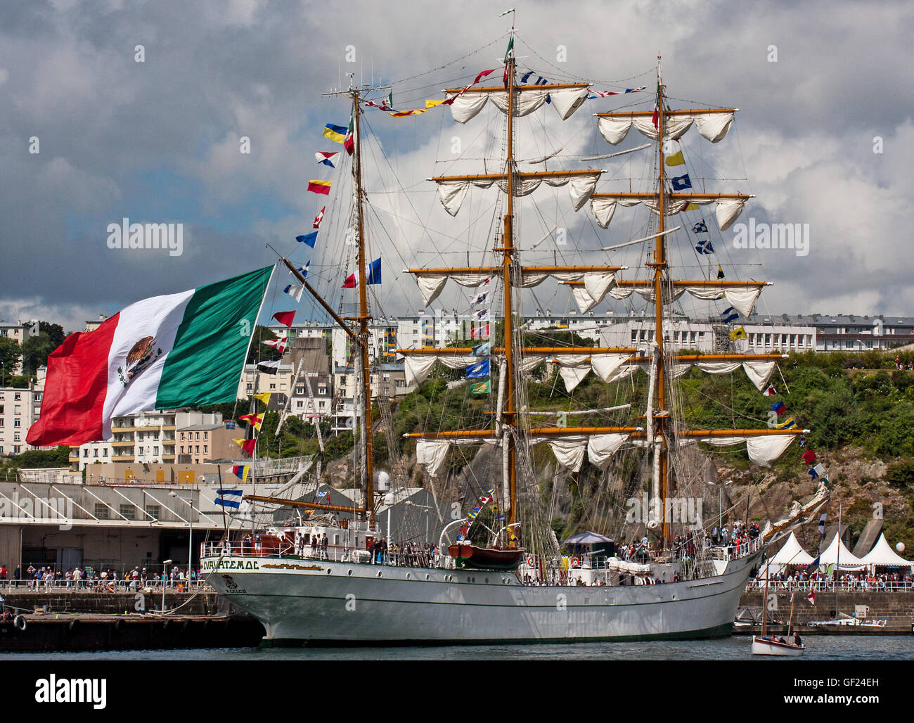 The Mexican ship Cuauhtemoc flying the Mexican flag in Brest harbor ...