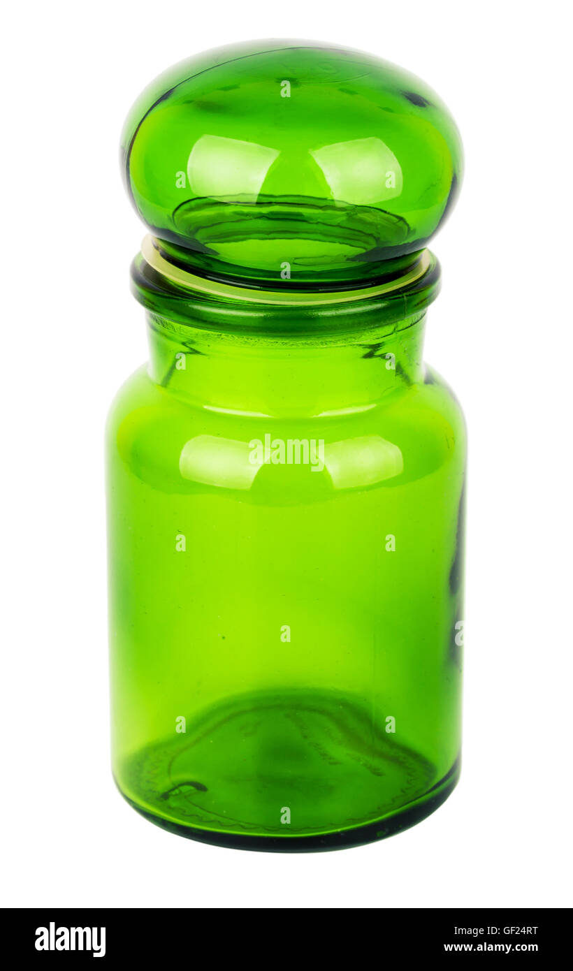 Green glass chemical bottle with the ground stopper isolated on white ...