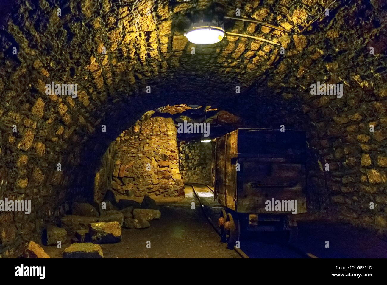 Old underground mine with equipment and rails, Banska Stiavnica ...