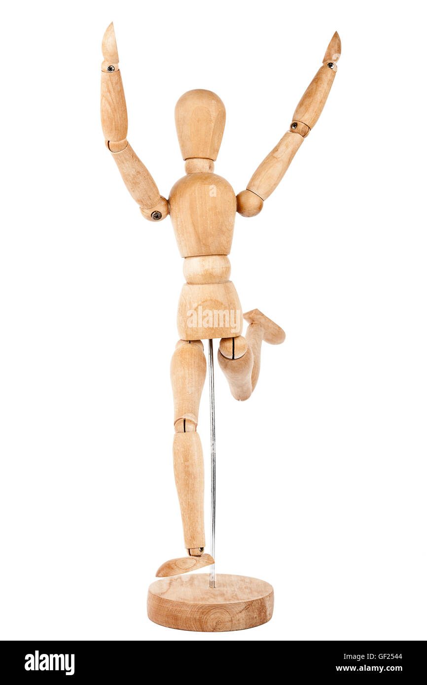 Running wooden dummy with raised hands cutout on a white background ...
