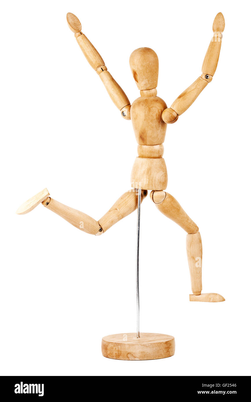 Running wooden dummy with raised hands cutout on a white background ...