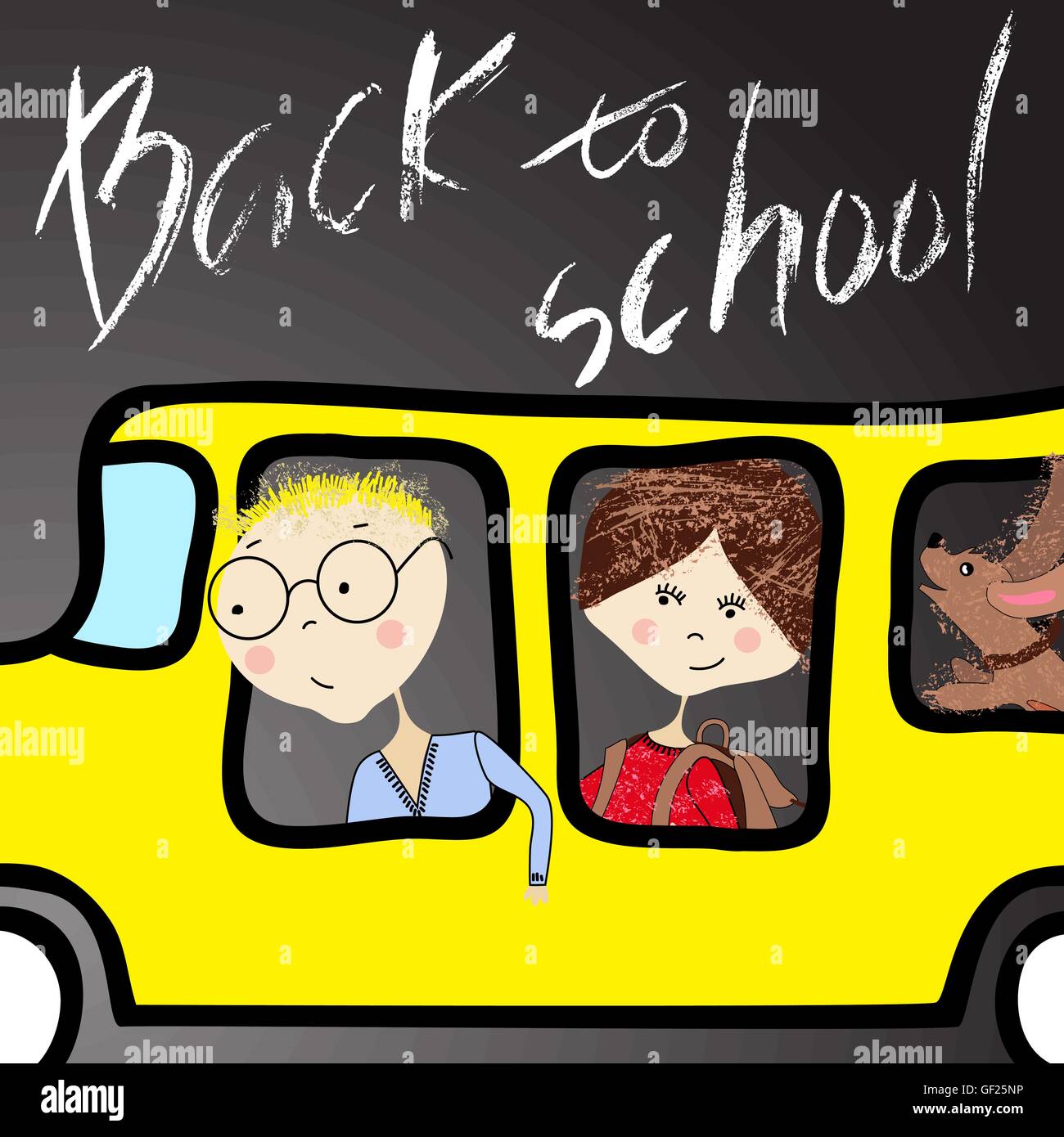 Kids riding on school bus. Handwritten lettering. Back to school Stock ...
